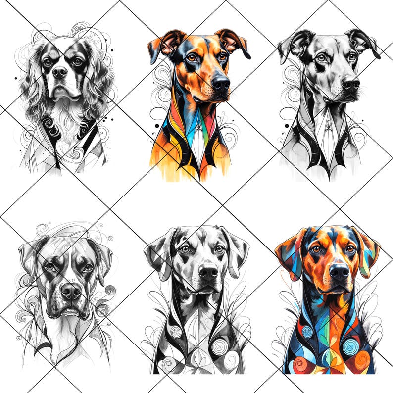30 Pop Art Coloring Pages of Dogs, Grayscale Printable Sheets, Stress ...