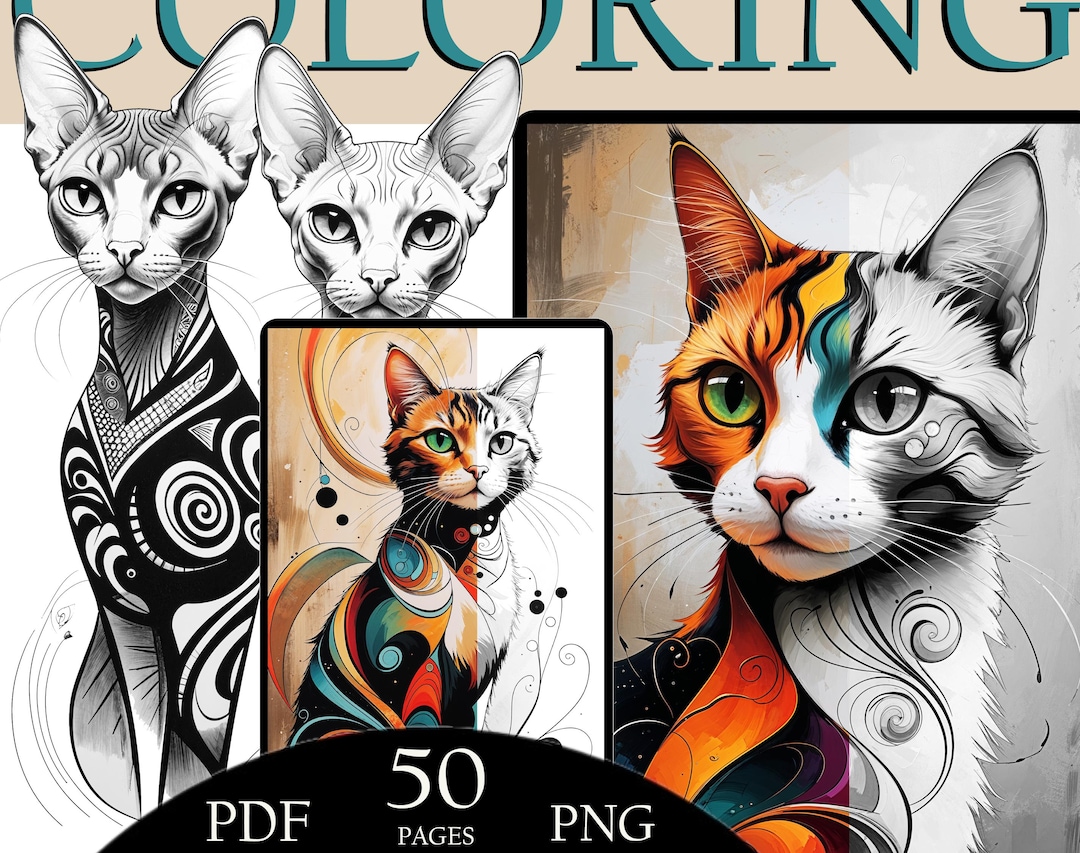 50 Pop Art Cats Coloring Pages, Grayscale, Printable, Stress Relief ...