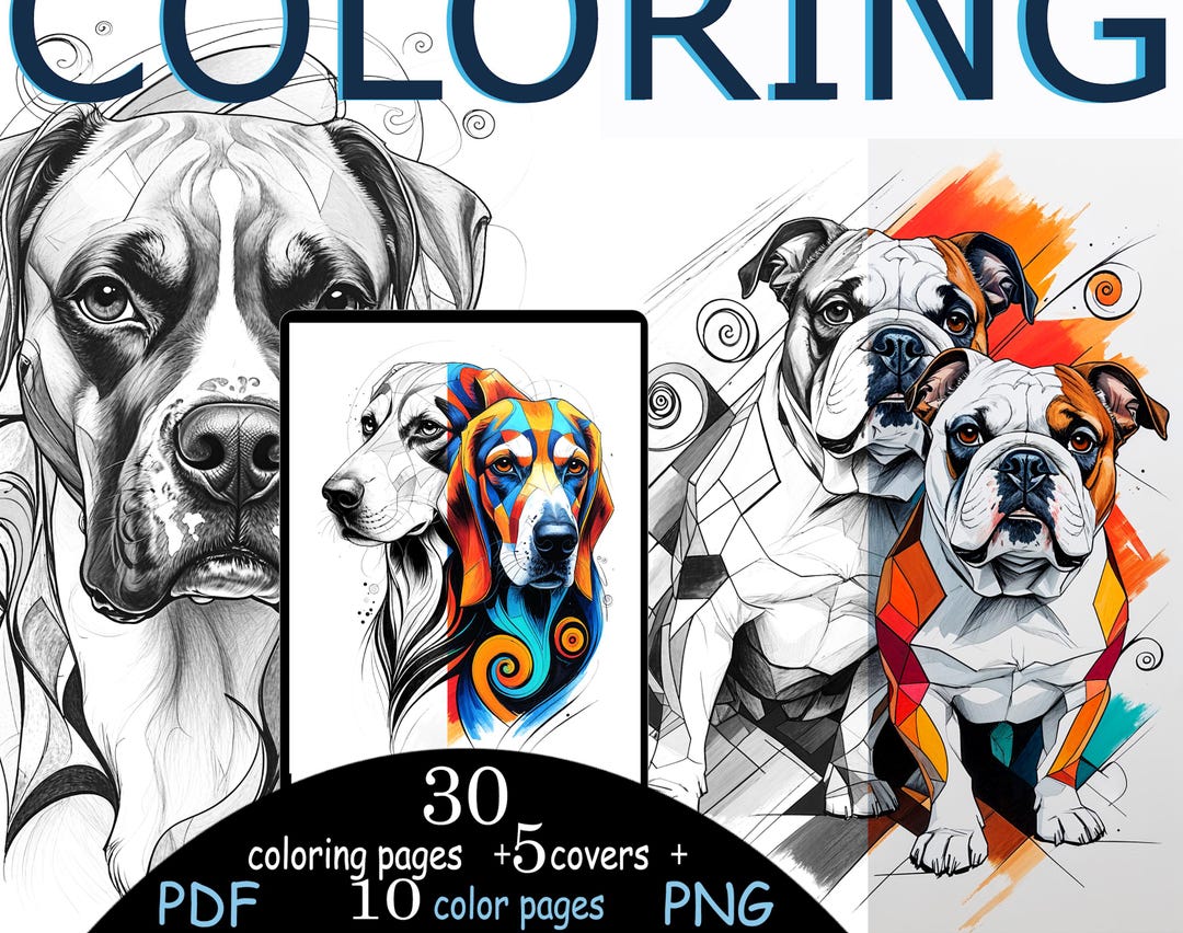 30 Pop Art Coloring Pages of Dogs, Grayscale Printable Sheets, Stress ...
