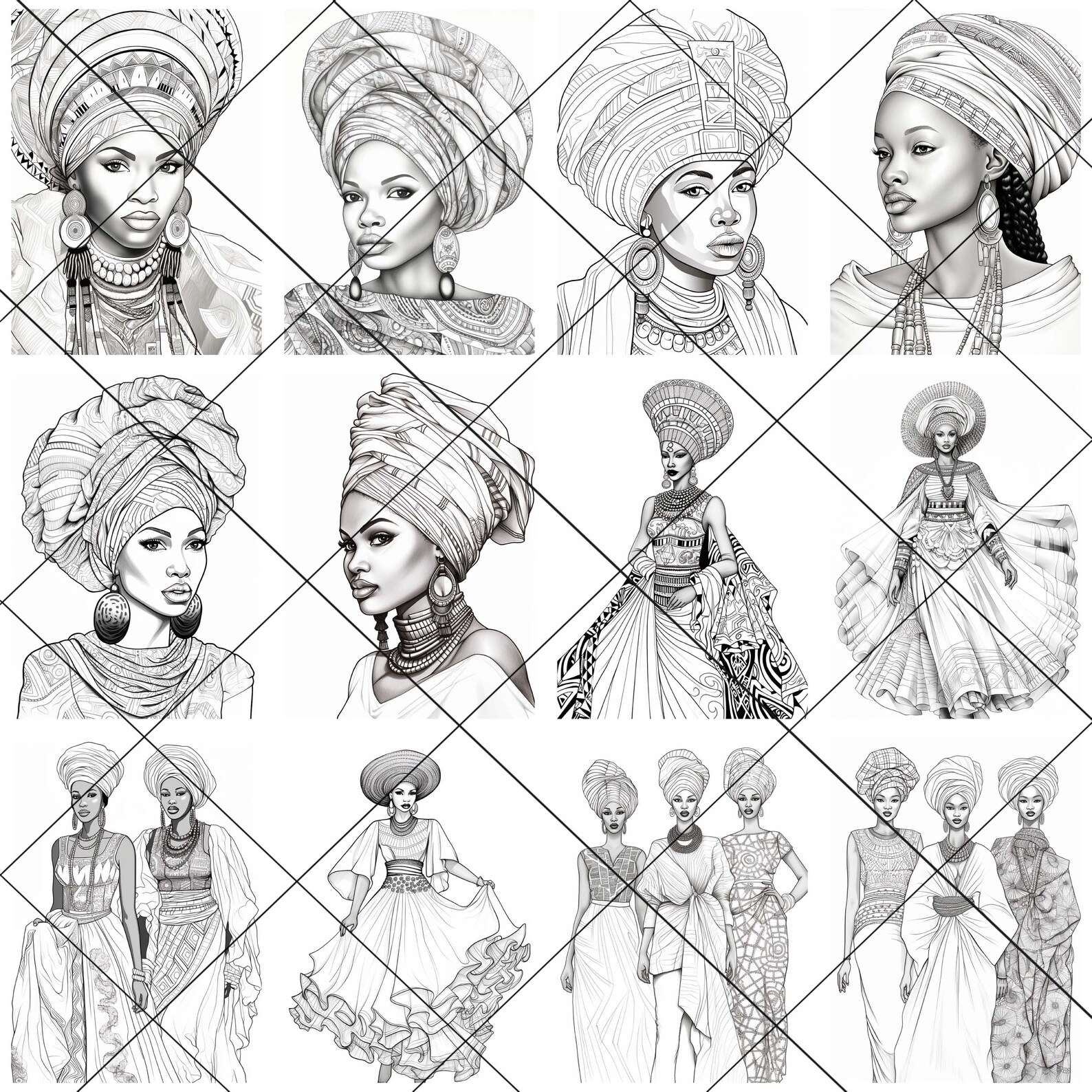 50 PNG Coloring Pages of African Female Portraits | Resellable Canva ...