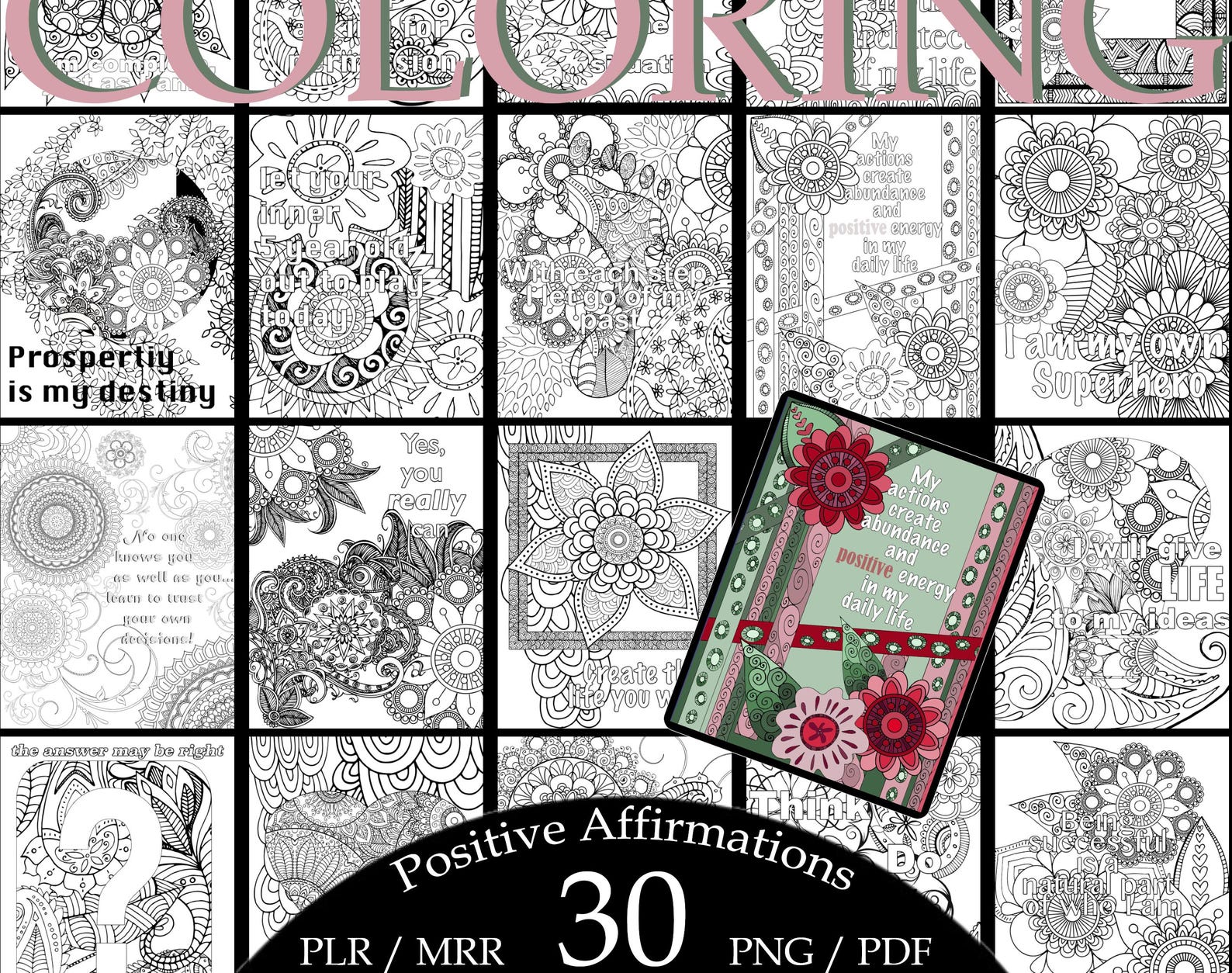 30 Positive Affirmations, Coloring Page, Motivational Quotes, Relaxing ...