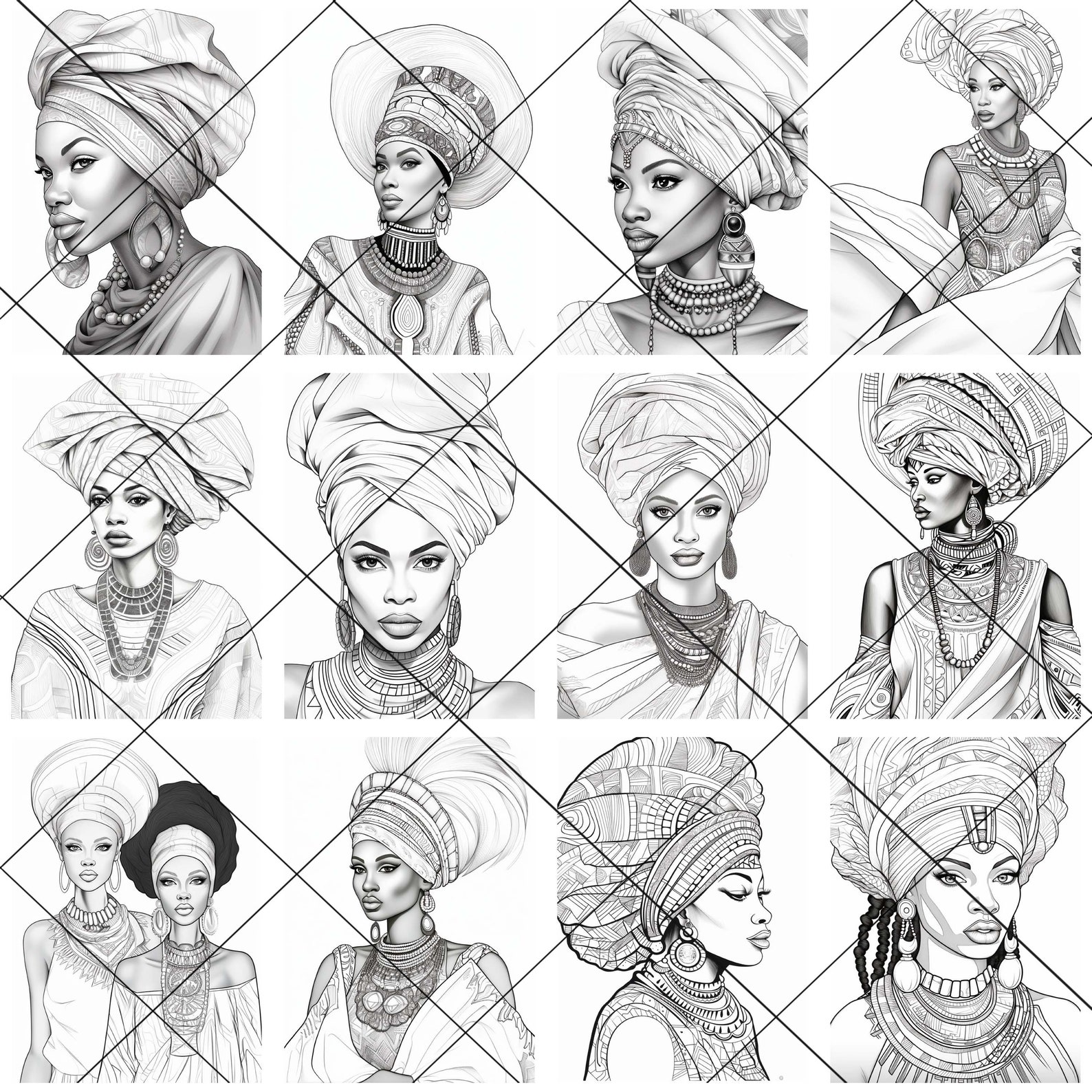 50 PNG Coloring Pages of African Female Portraits | Resellable Canva ...