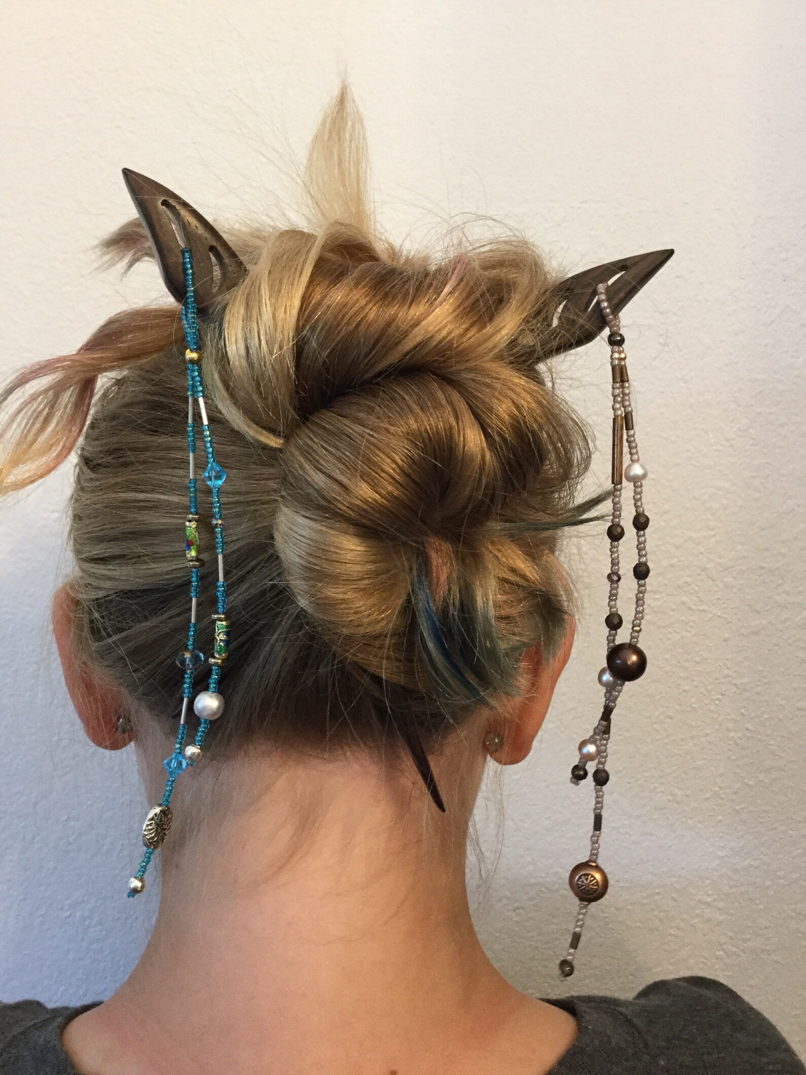 Beaded Wooden Hair Stick With Fossilized Coral, Seafoam Matte Beads and ...