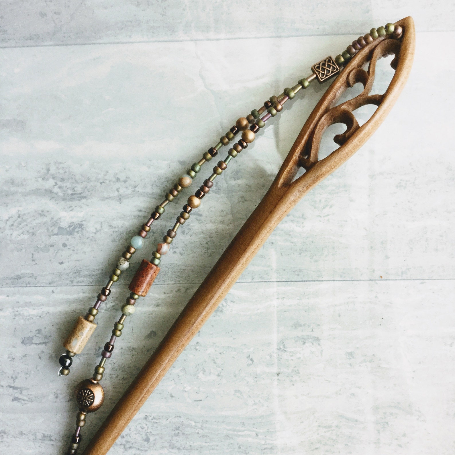 Beaded Wooden Hair Stick With Fossilized Coral, Seafoam Matte Beads and ...