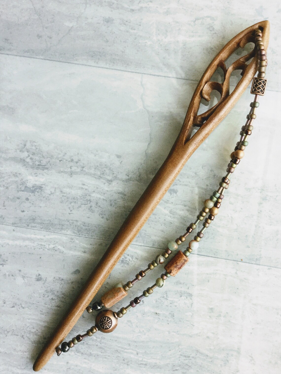 Beaded Wooden Hair Stick With Fossilized Coral, Seafoam Matte Beads and ...