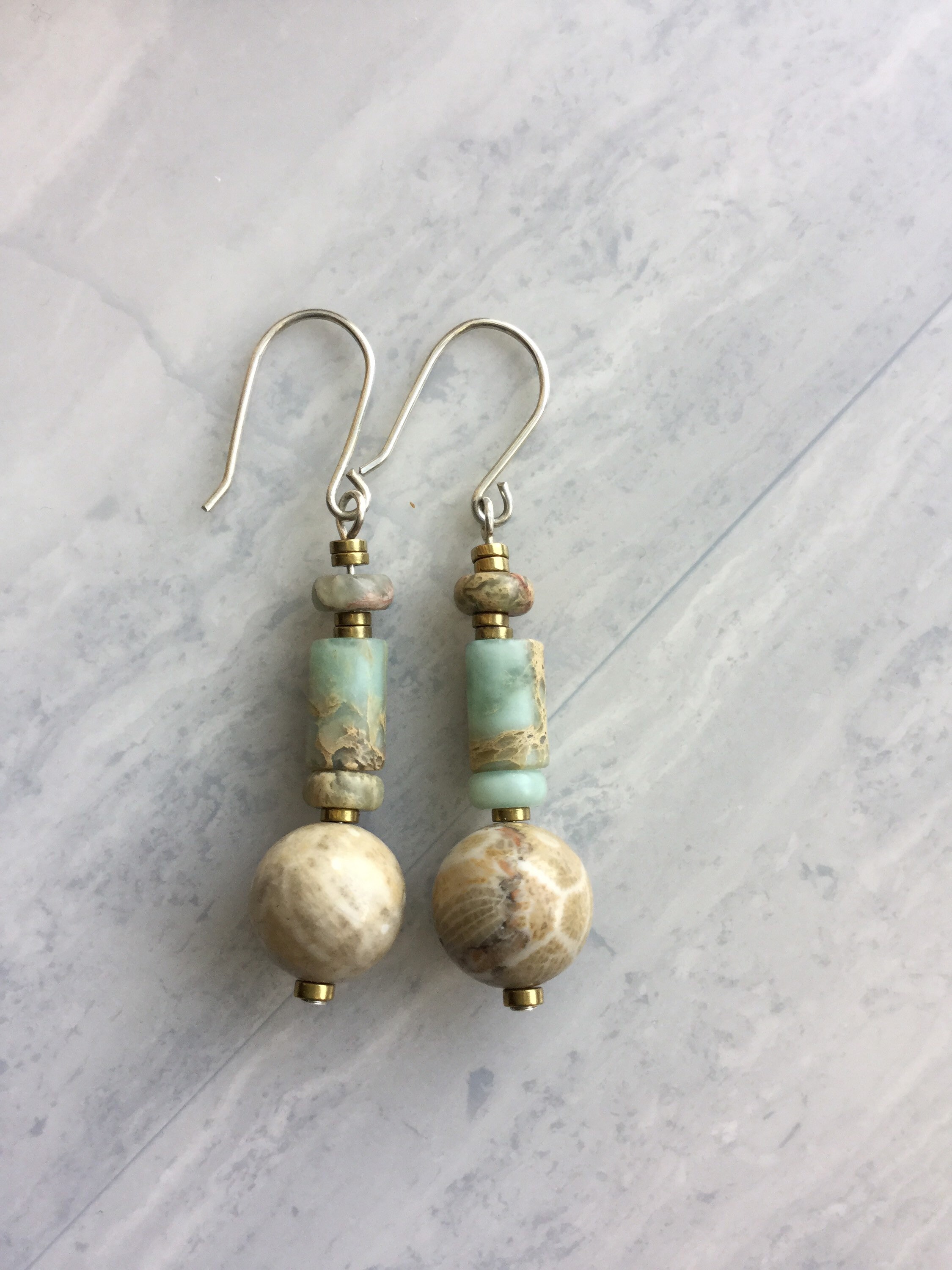 Beaded Coral Earrings With Fossilized Coral, Light Blue and Tan Aqua ...