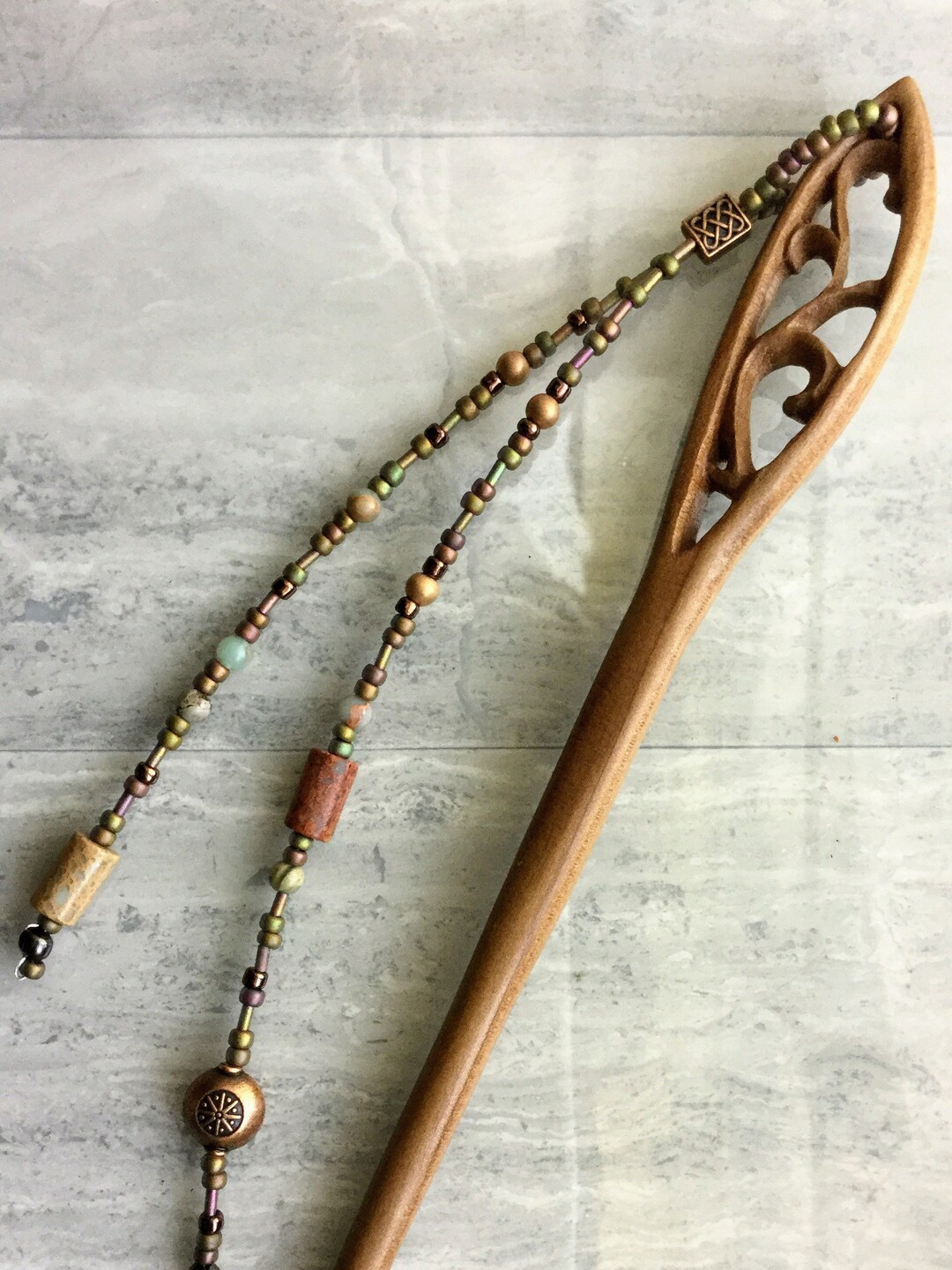 Beaded Wooden Hair Stick With Fossilized Coral, Seafoam Matte Beads and ...