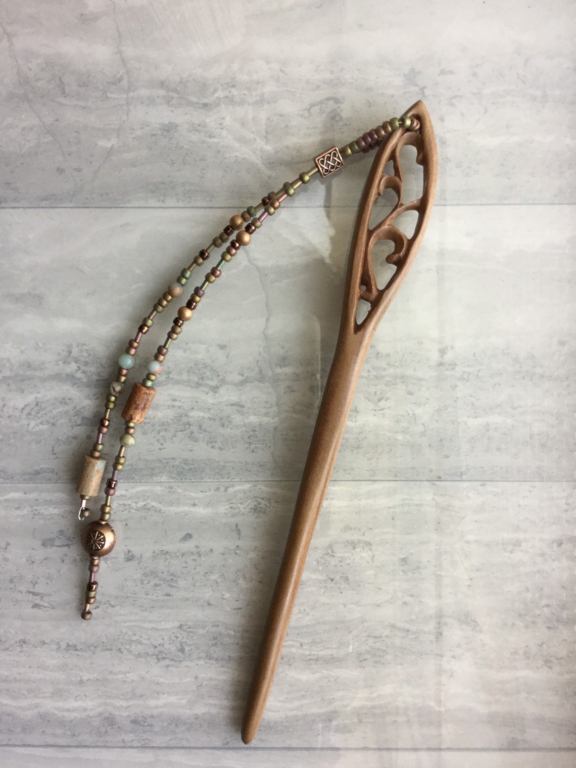 Beaded Wooden Hair Stick With Fossilized Coral, Seafoam Matte Beads and ...