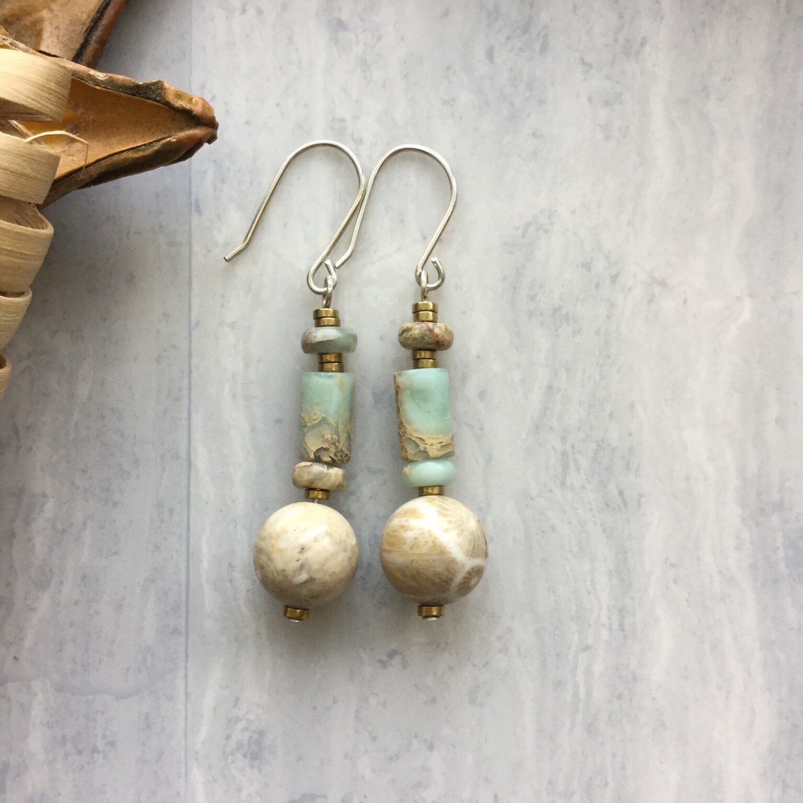 Beaded Coral Earrings With Fossilized Coral, Light Blue and Tan Aqua ...