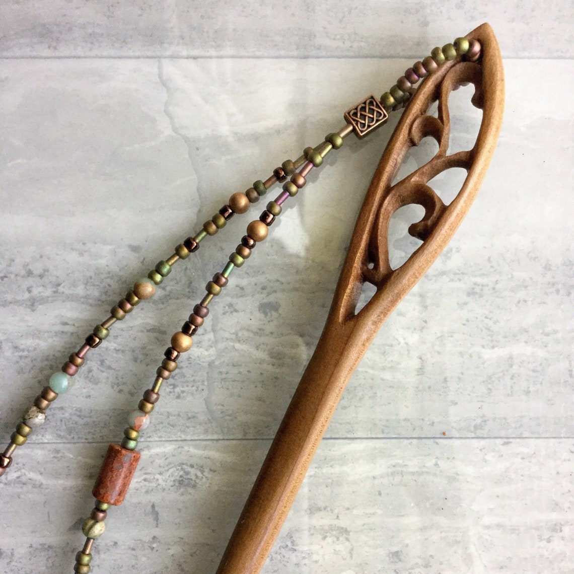 Beaded Wooden Hair Stick With Fossilized Coral, Seafoam Matte Beads and ...