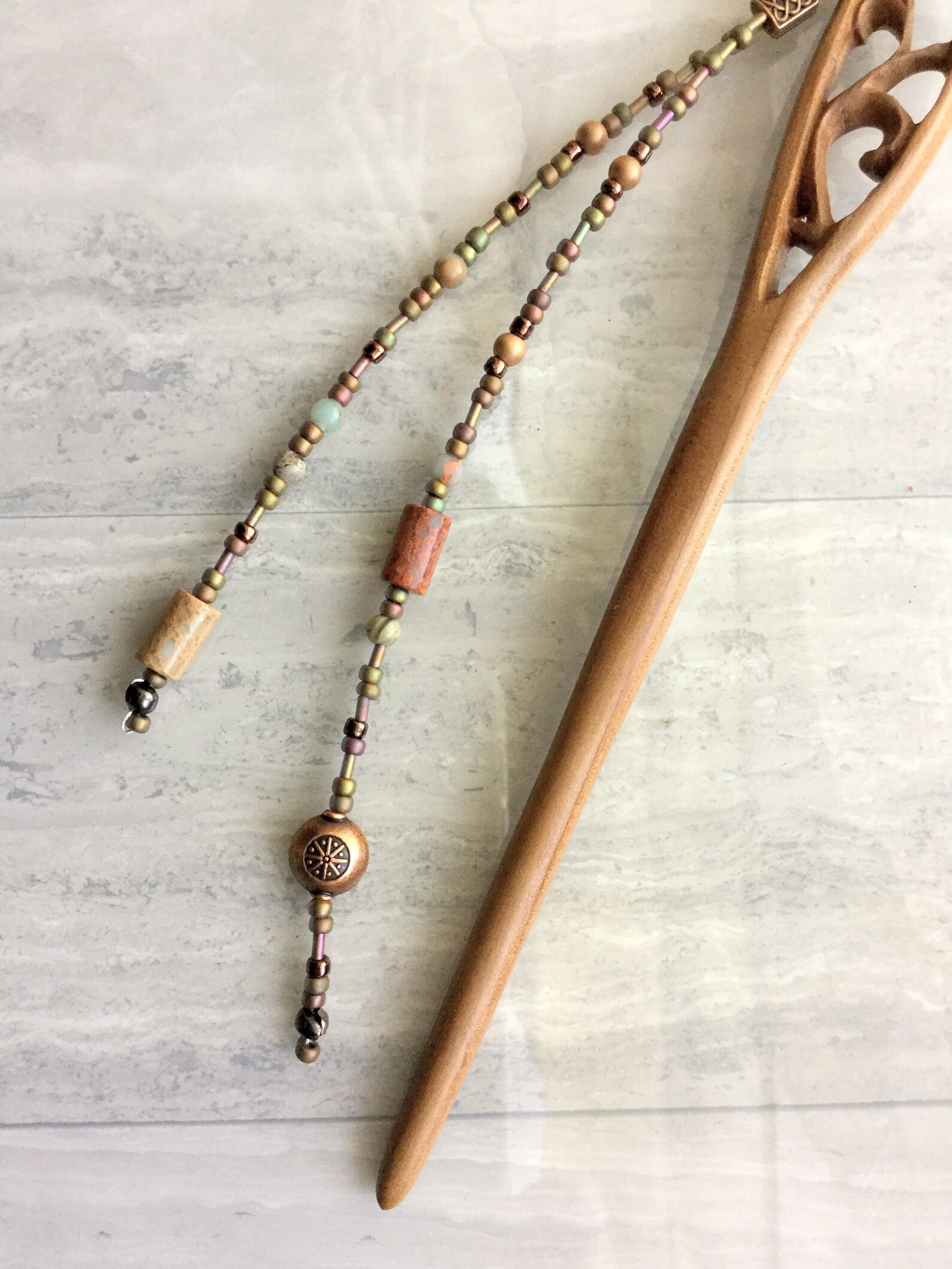 Beaded Wooden Hair Stick With Fossilized Coral, Seafoam Matte Beads and ...