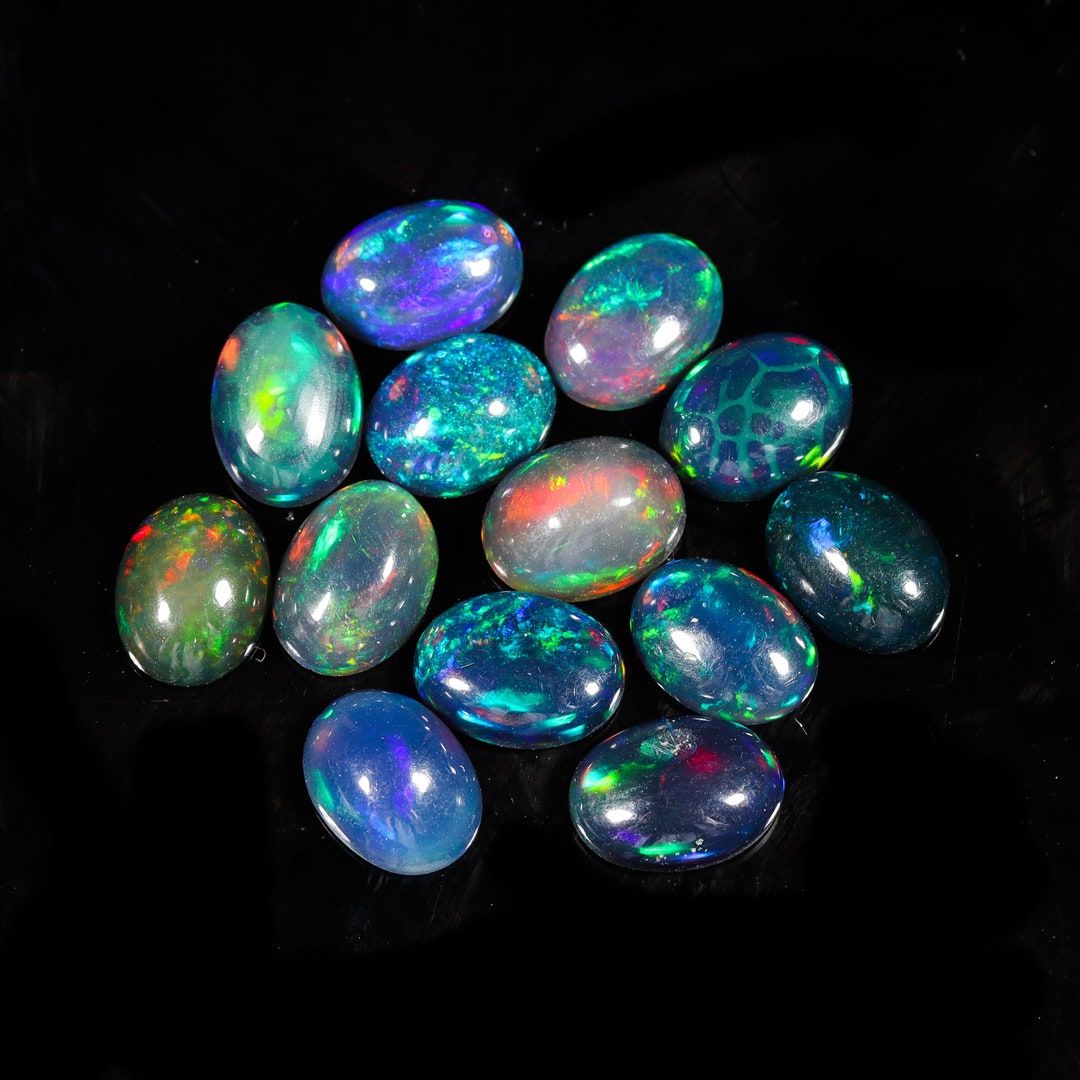 12 Pcs Lot Ethiopian Black Opal Cabochon Gemstone Oval Shape Rainbow ...