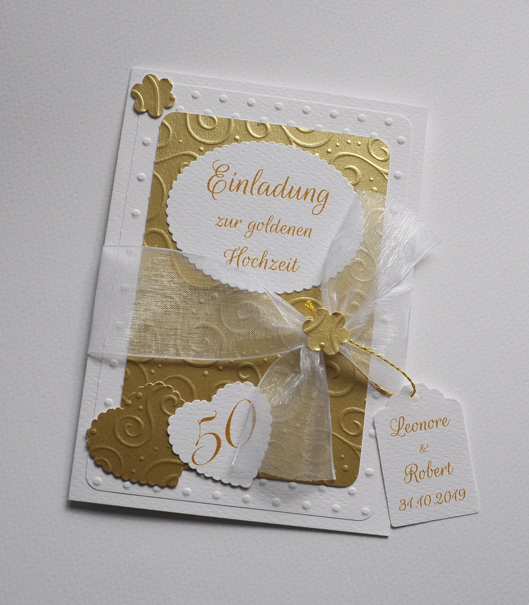 PERSONALIZED Golden Wedding Invitation White-gold Embossed With Pendant ...