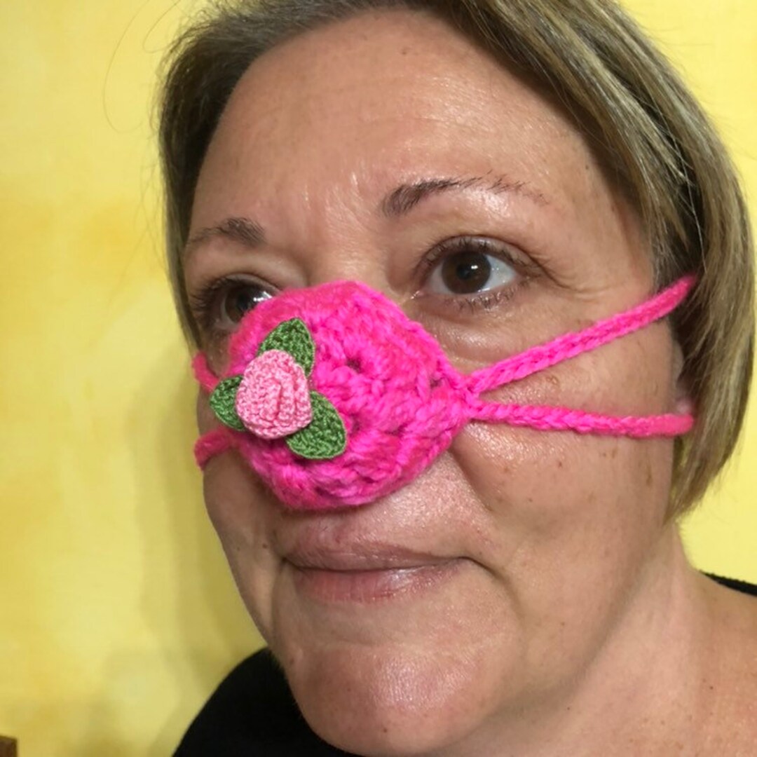 Hot Pink Nose Warmer With Rose and Leaf, Outdoor Nose Hat, Knitted Nose ...