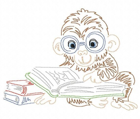 Reading Monkey Jungle Animal Line Art Machine Embroidery | Etsy