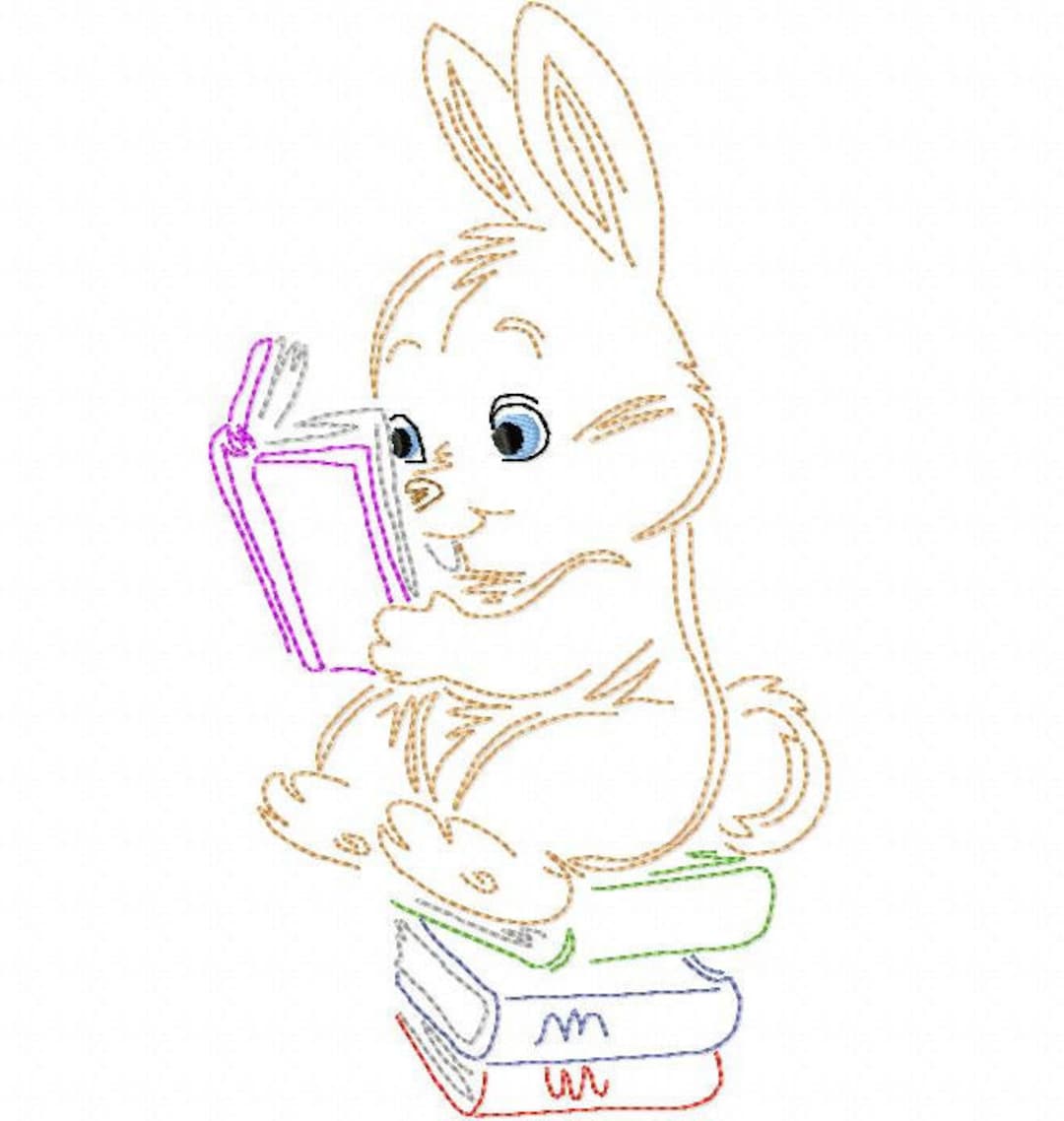 Reading Bunny Farm Animal Line Art Machine Embroidery Digital Design ...