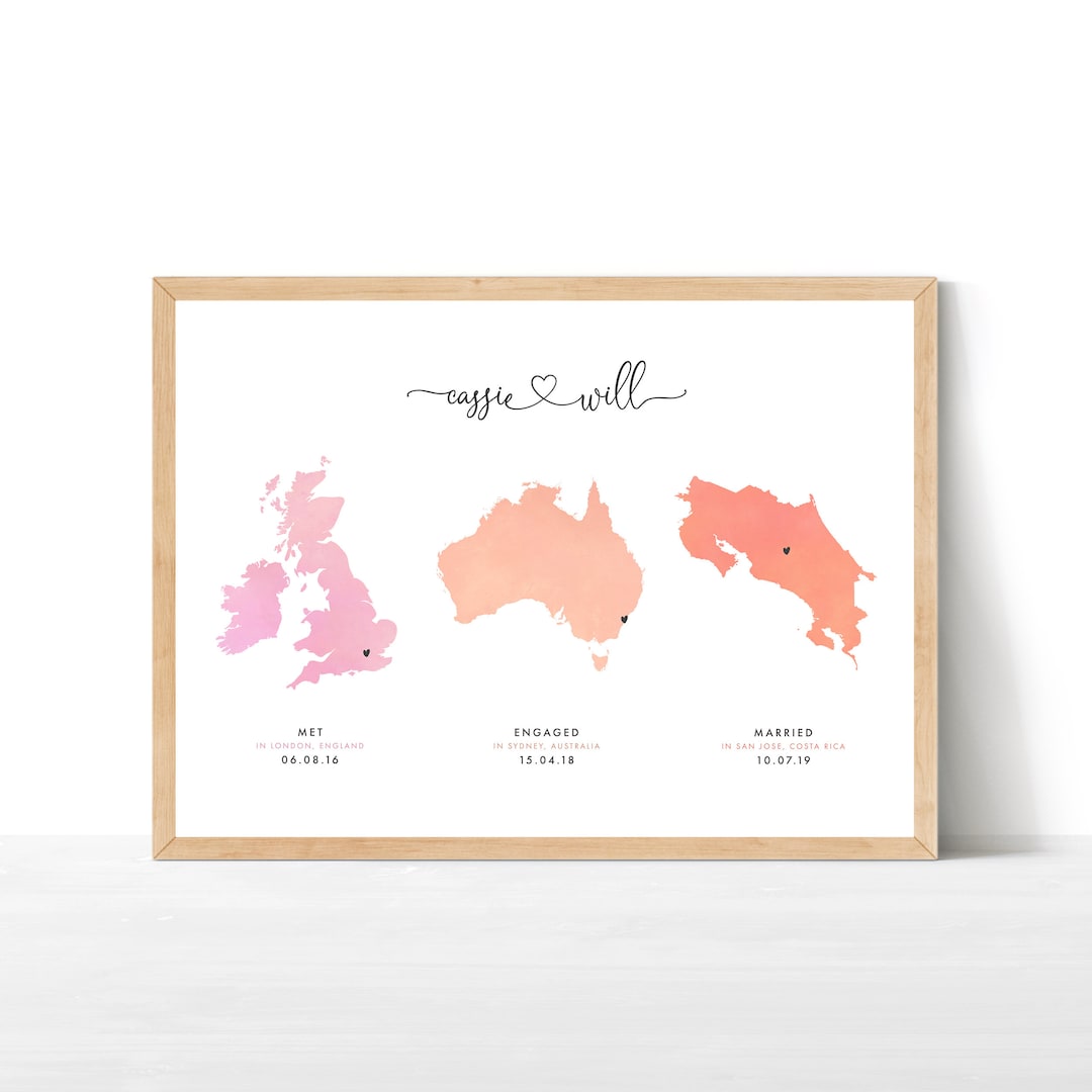 Triple Map Print, Destination Travel Map, Personalised Engagement Gift ...