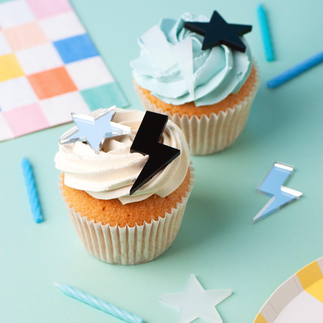 Lightning Bolt and Stars Cake Charm Set, Mirror Acrylic Cake Topper ...