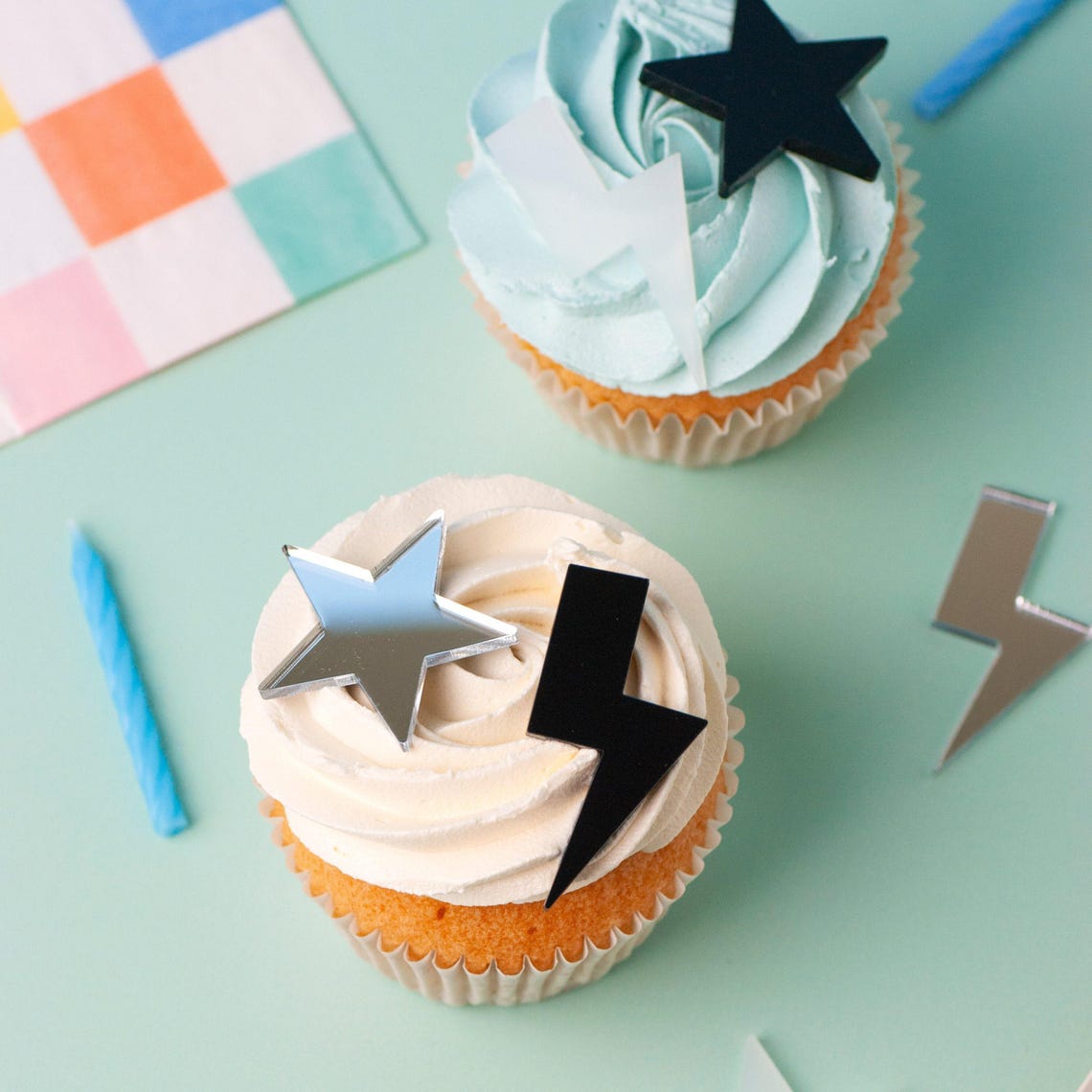 Lightning Bolt and Stars Cake Charm Set, Mirror Acrylic Cake Topper ...