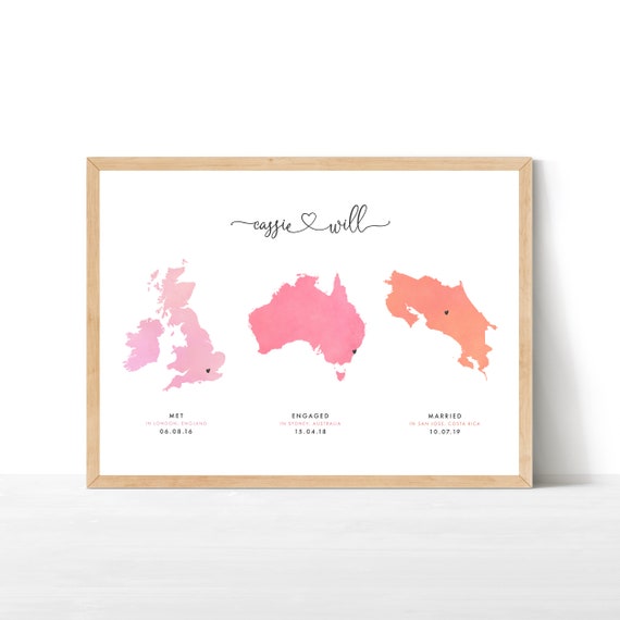 Triple Map Print Destination Travel Map Personalised | Etsy