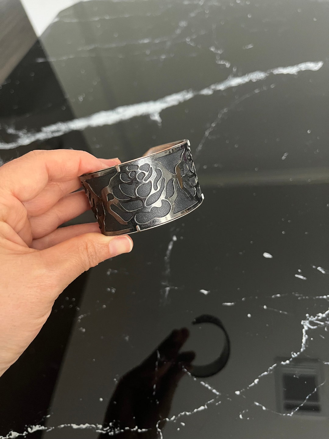 Black Silver Rose Pattern Cuff Brace, Vintage Adjustable Bangle ...