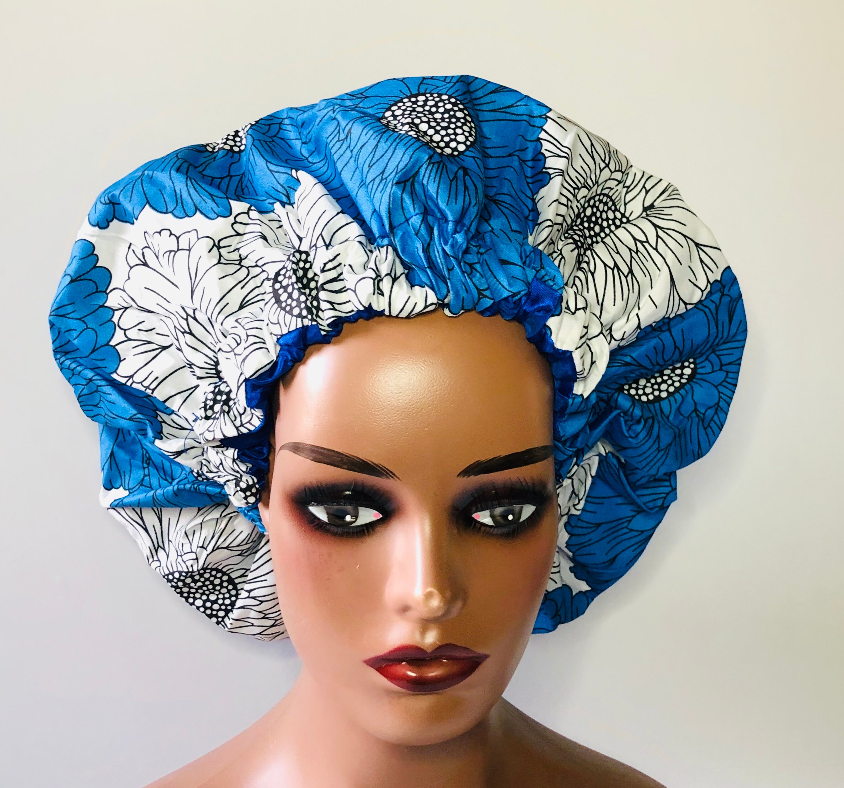 Ankara Reversible Bonnet Blue Satin Large Bonnet Curly Hair - Etsy ...