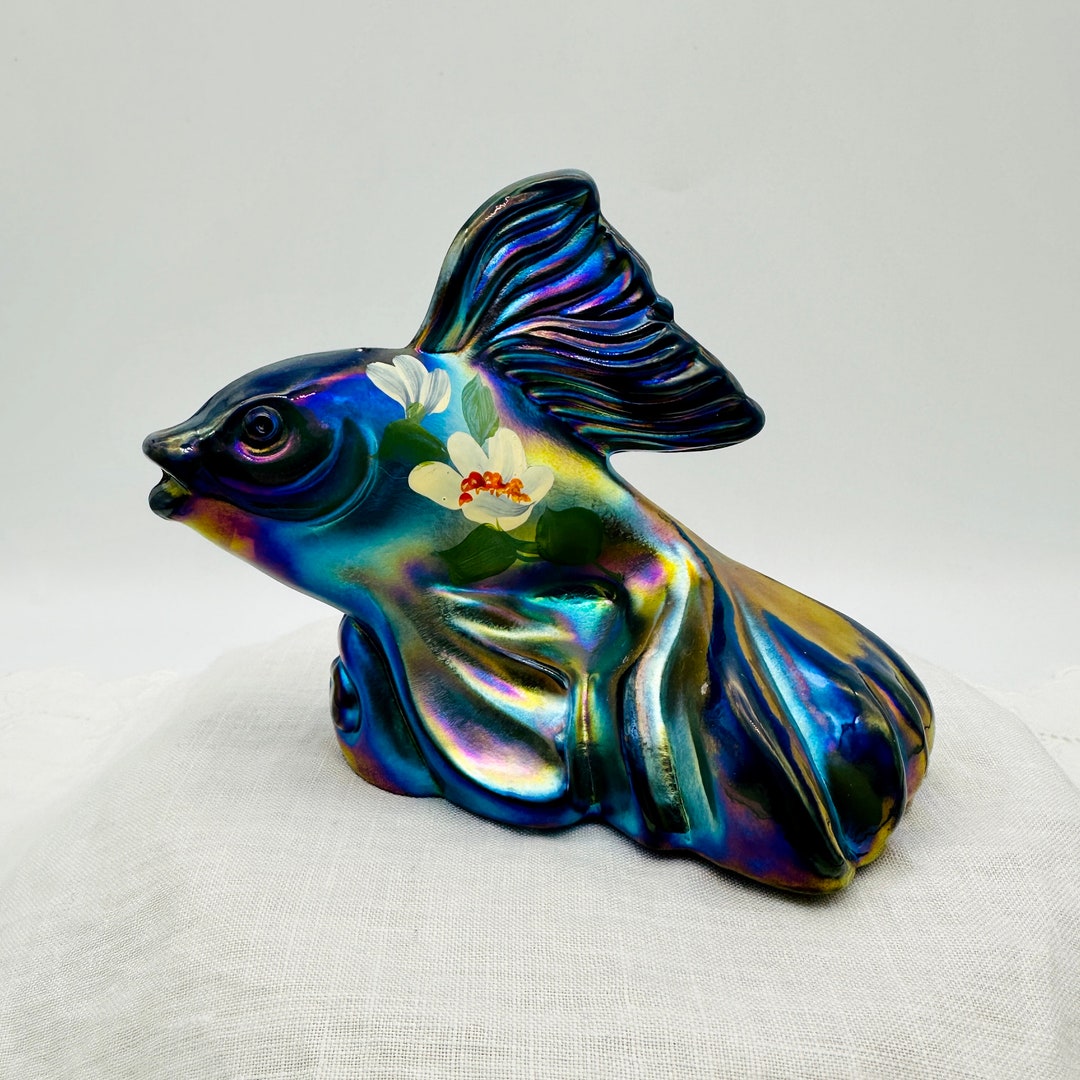 Fenton Iridescent Cobalt Carnival Glass Hand Painted Koi Fish Figurine ...
