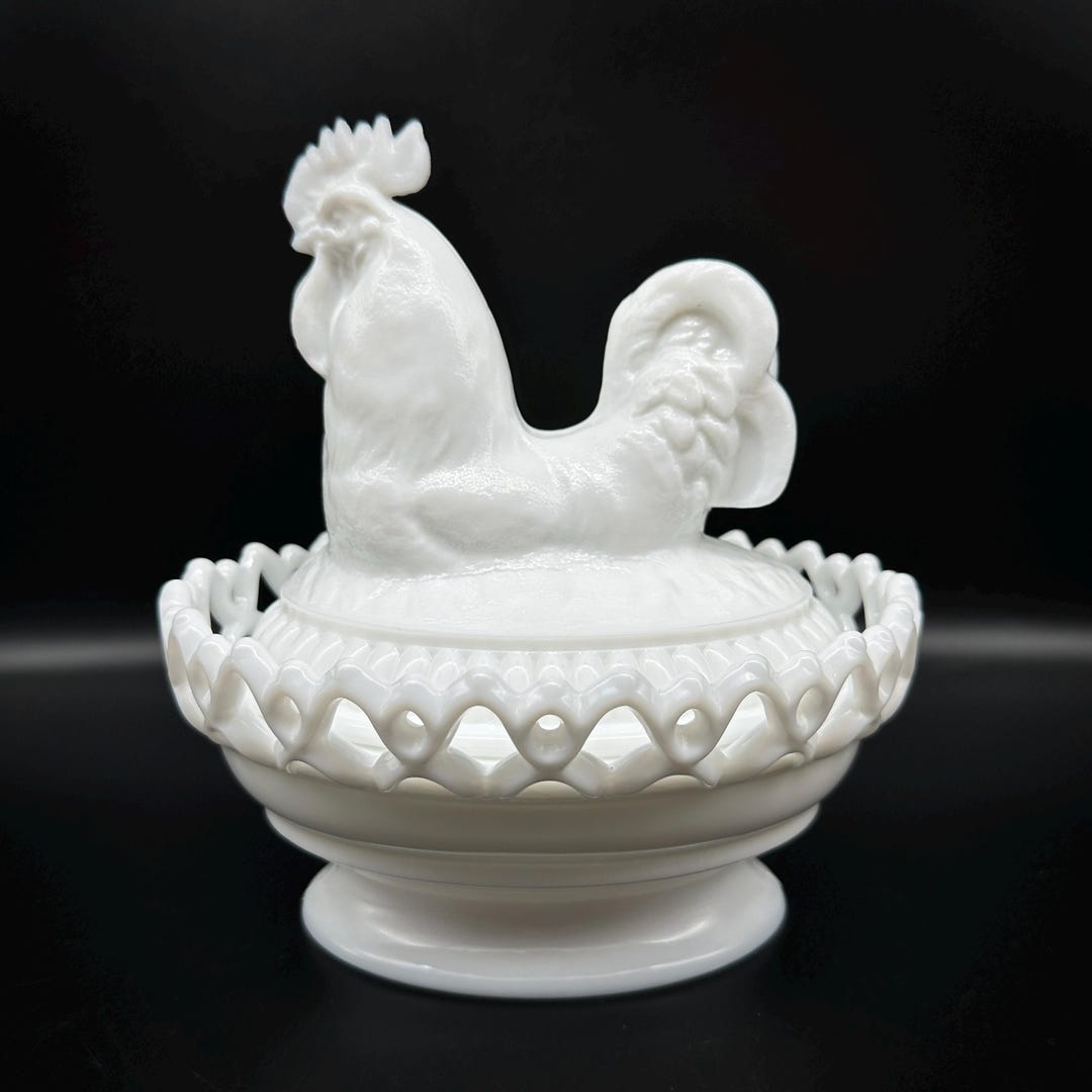 Imperial Glass Milk Glass Rooster on a Nest Round Oval Dish 2 Piece ...