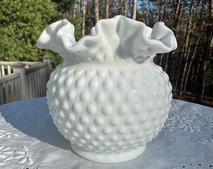 Fenton White Hobnail Milk Glass, Ruffled Edge, Large Ball Vase, Squat ...