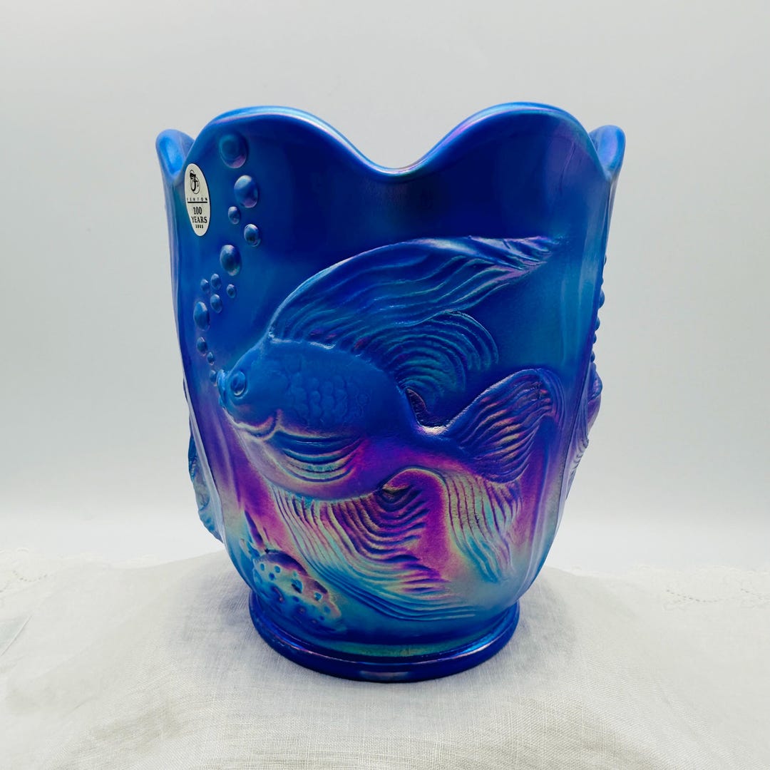 Fenton Atlantis Planter Vase: Iridescent Periwinkle Blue Tropical Fish ...