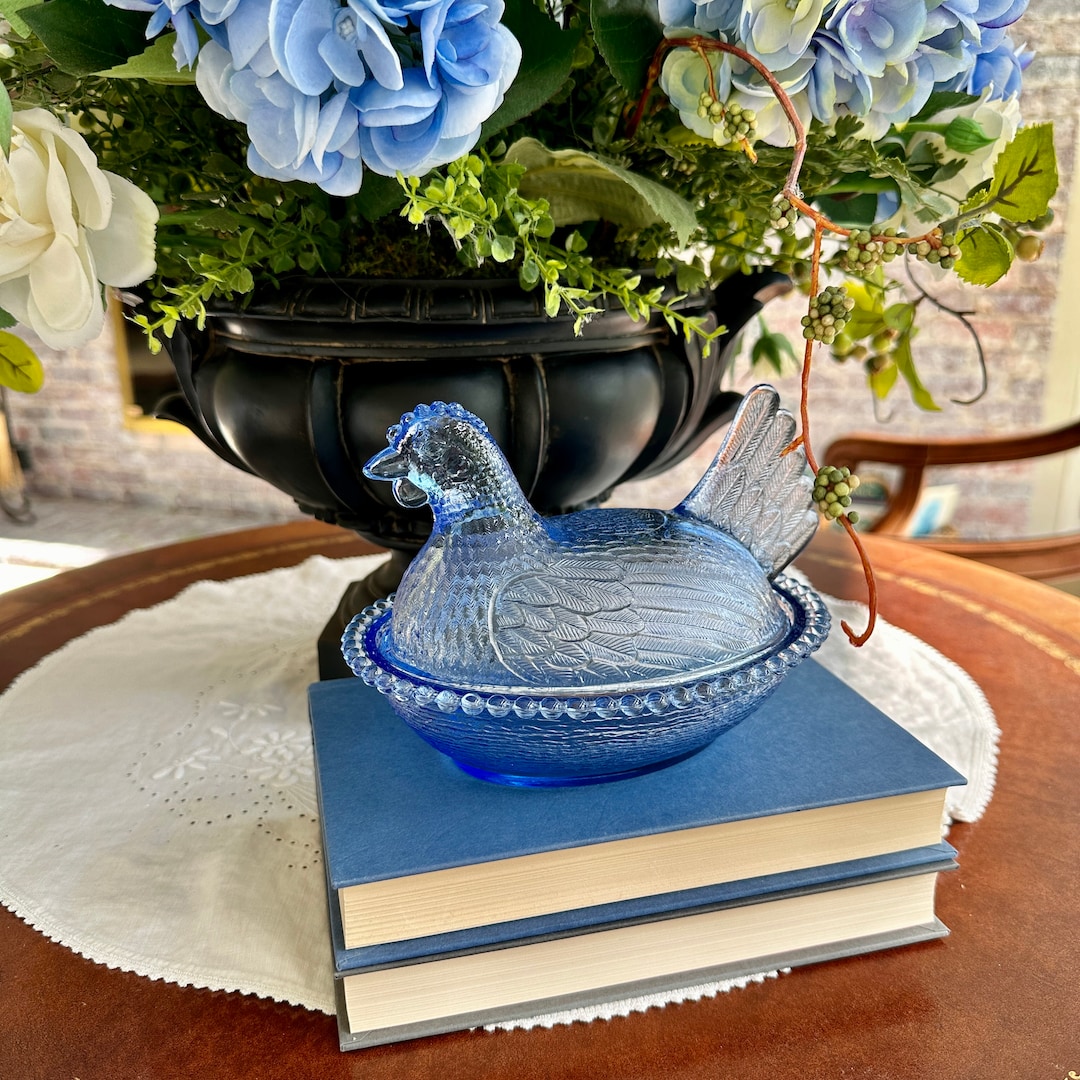 Blue Hen on Nest Candy Dish Vintage Indiana Glass Light Blue Hen on ...