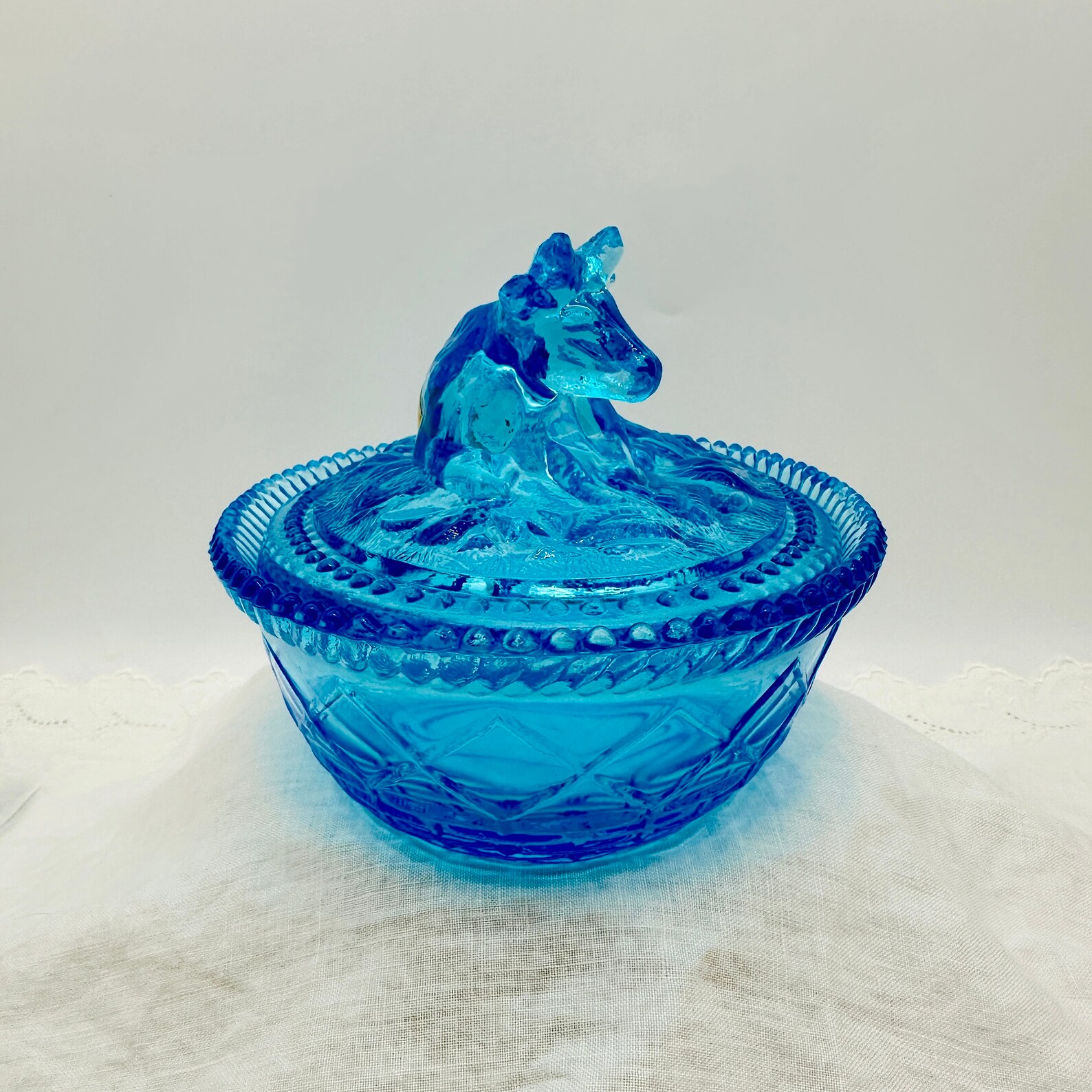 Cow Candy Dish Kemple Glassworks Blue Oval Covered Cow Candy Dish Bull ...