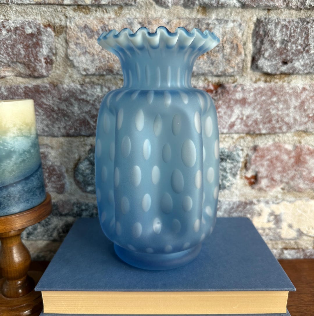 Fenton Blue Satin Glass Bubble Optic Crimped Rim Pinch Vase - Etsy