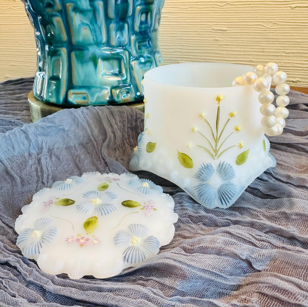Fenton Trinket Box White Satin Hand Painted Glass Trinket Jewelry Box ...