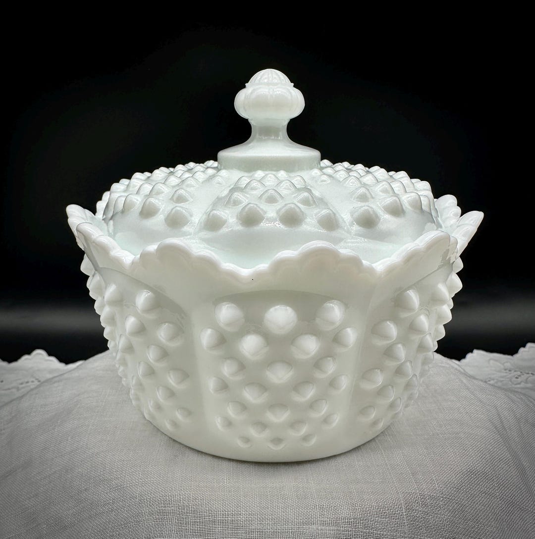 Fenton White Hobnail Milk Glass Round Butter Tub With Lid Candy Bowl ...