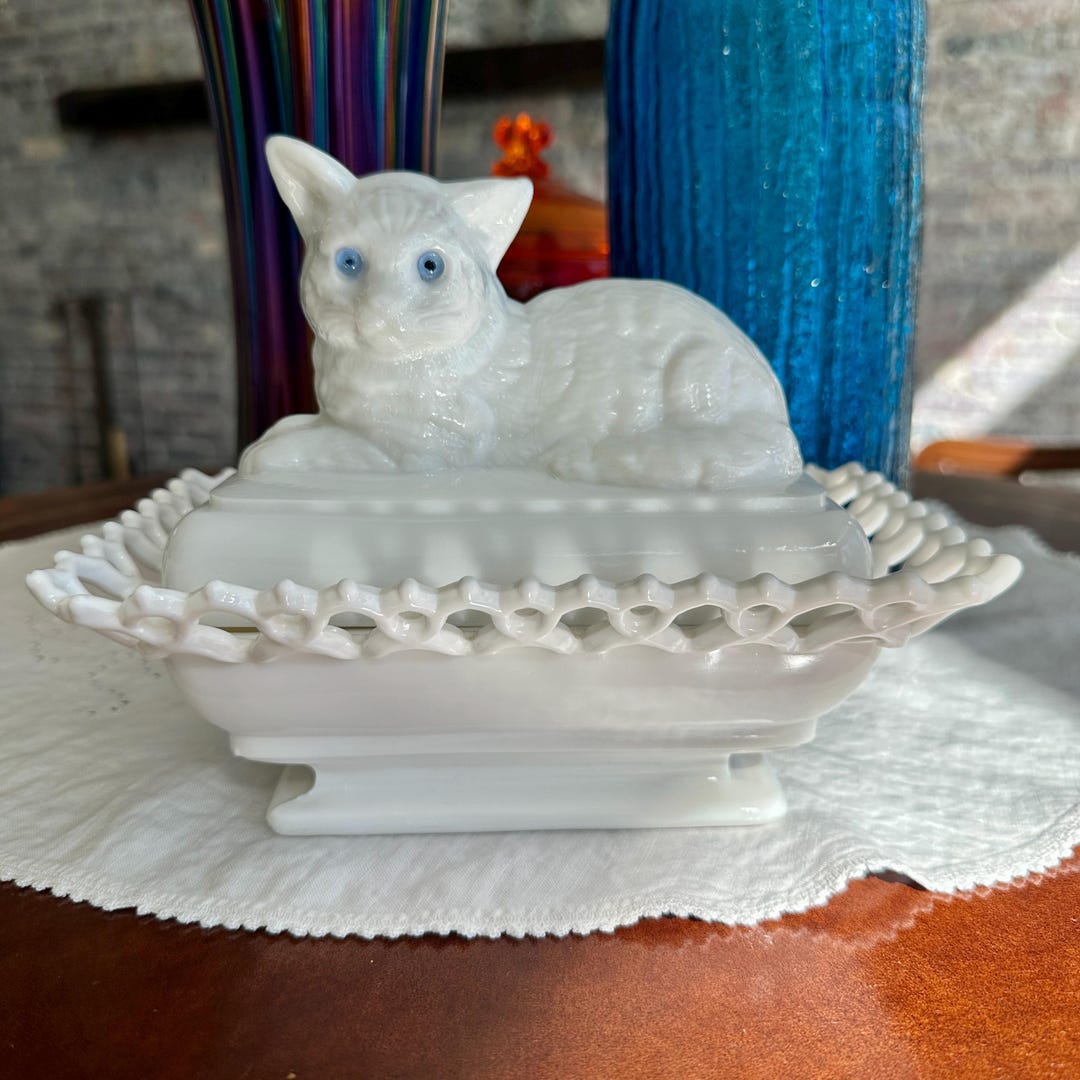 Westmoreland Cat Candy Dish White Milk Glass Cat on Dancing Sailor Lace ...