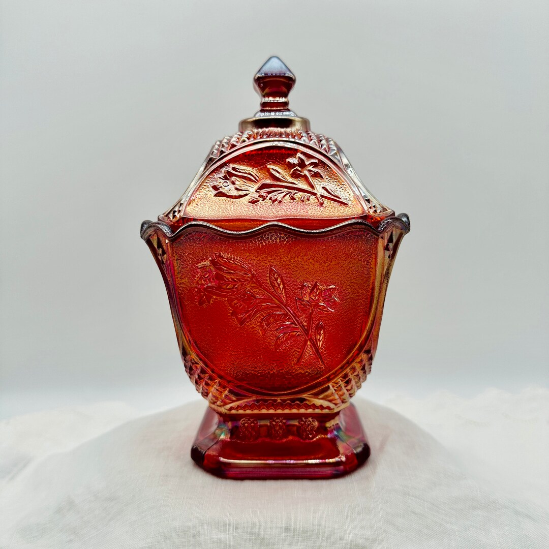 Red Carnival Glass Candy Dish, Imperial Glass Roses in the Snow Red ...