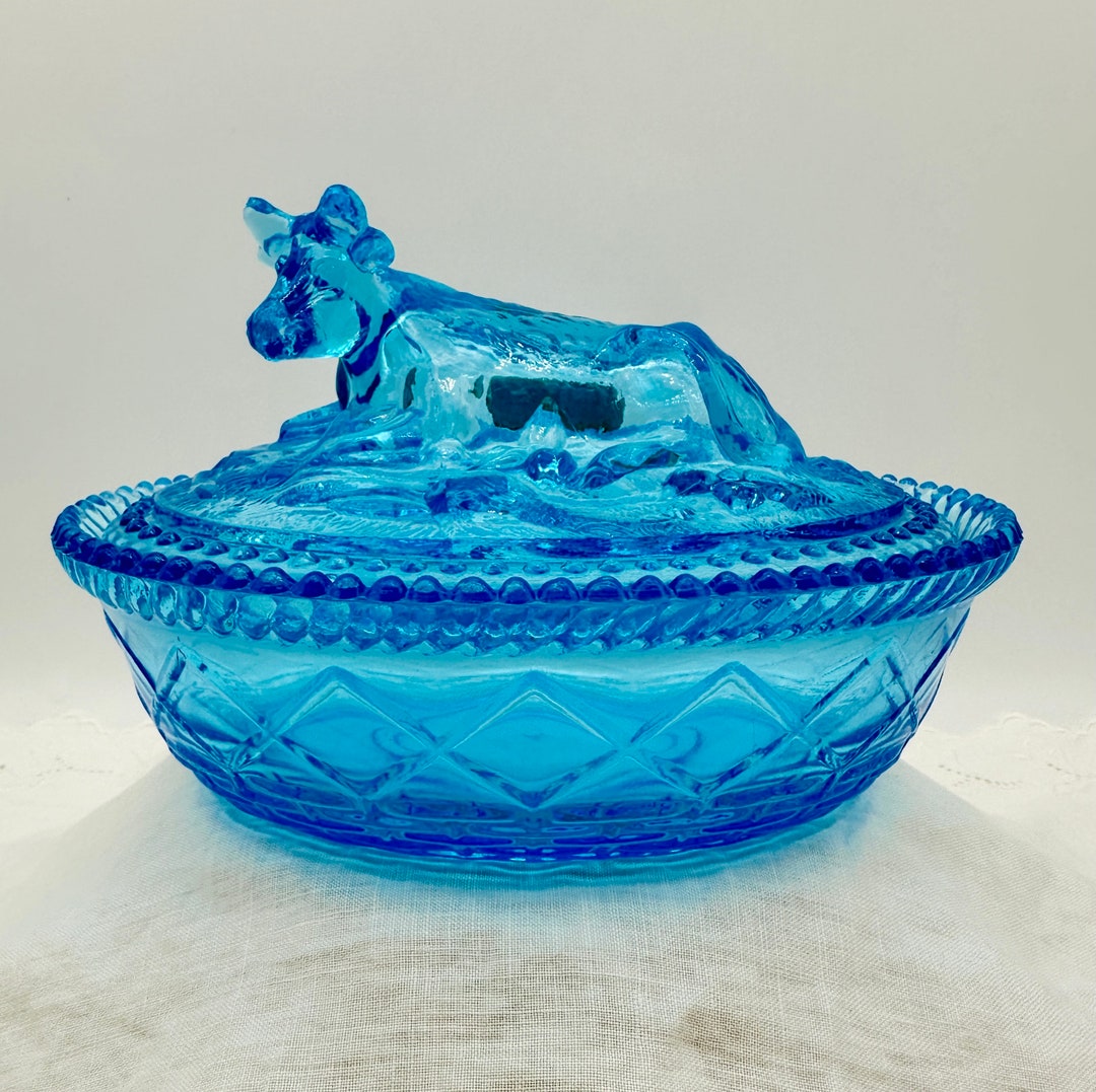 Cow Candy Dish Kemple Glassworks Blue Oval Covered Cow Candy Dish Bull ...