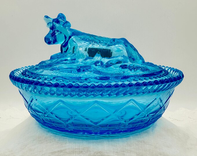 Cow Candy Dish Kemple Glassworks Blue Oval Covered Cow Candy Dish Bull ...