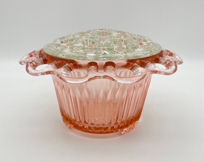 Pink Depression Glass Flower Bowl With Clear Glass Flower Frog Hocking ...