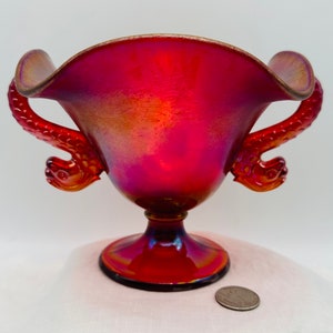 Fenton Red Iridescent Stretch Glass Double Dolphin Handle Footed ...