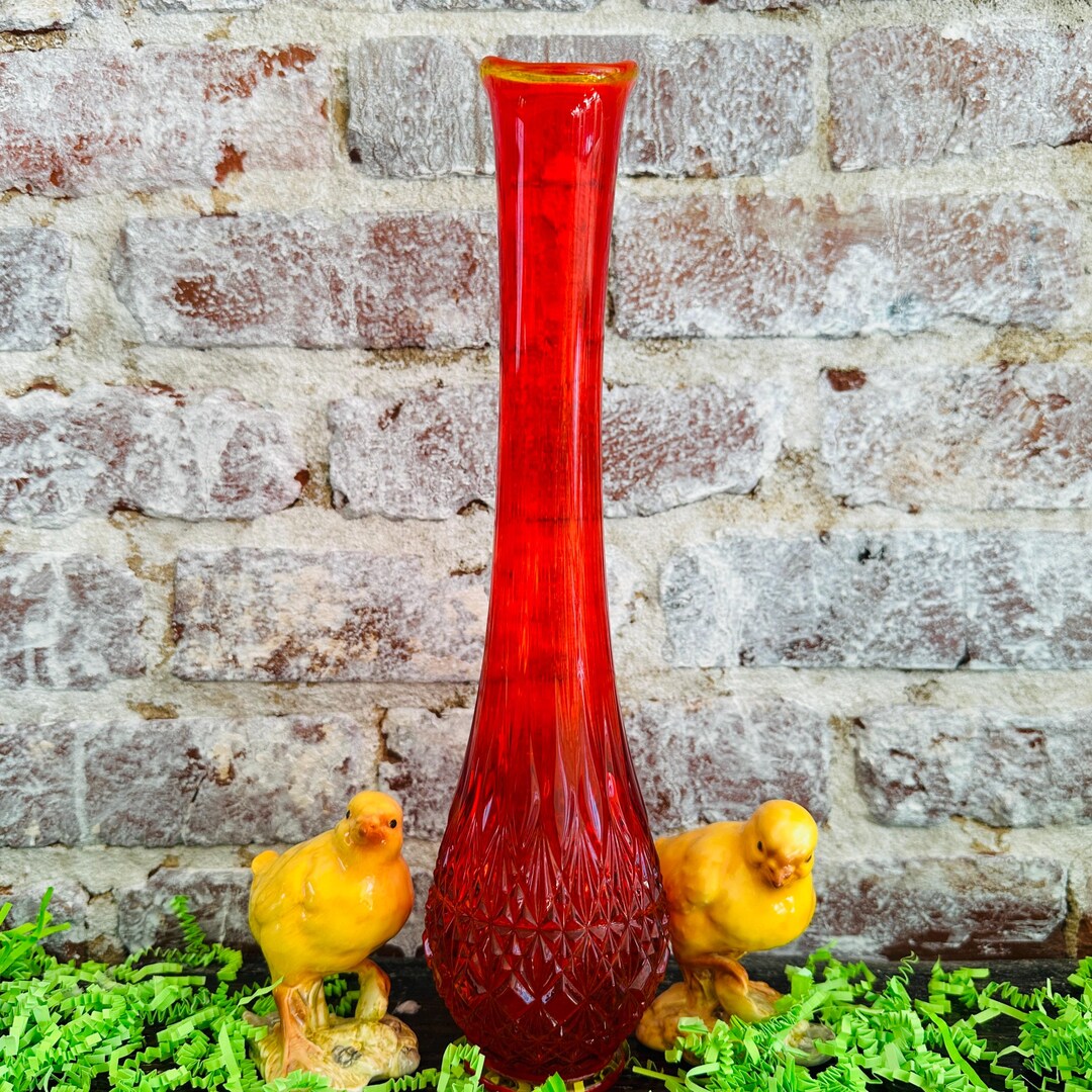 Fenton Olde Virginia Glass Amberina Red Fine Cut and Block Stretch Vase ...