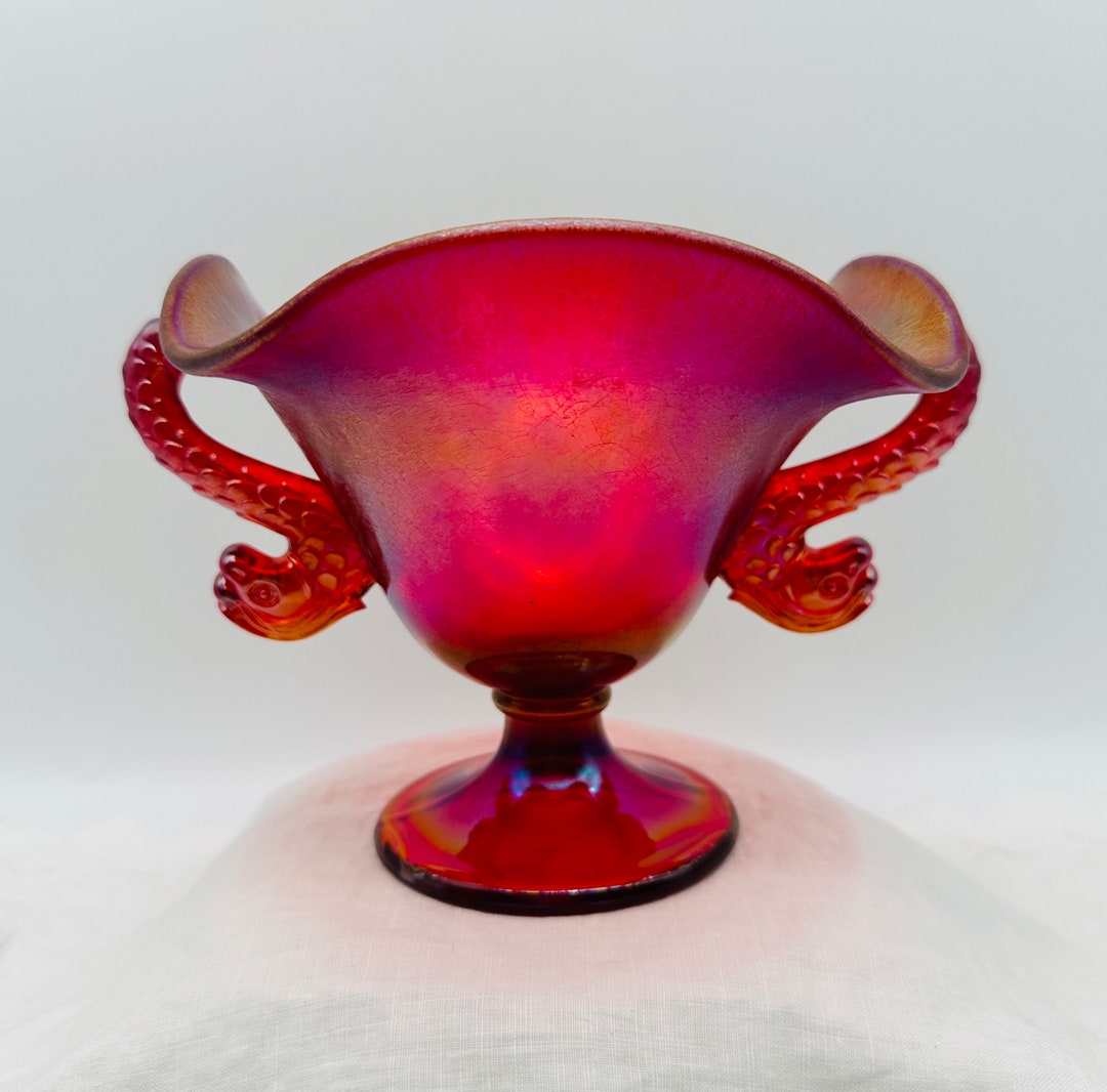 Fenton Red Iridescent Stretch Glass Double Dolphin Handle Footed ...