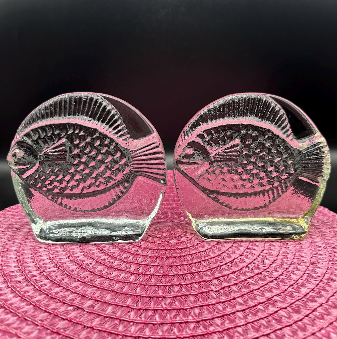 Pair of Pilgrim Glass Tropical Fish Clear Glass Bookends Paperweights ...