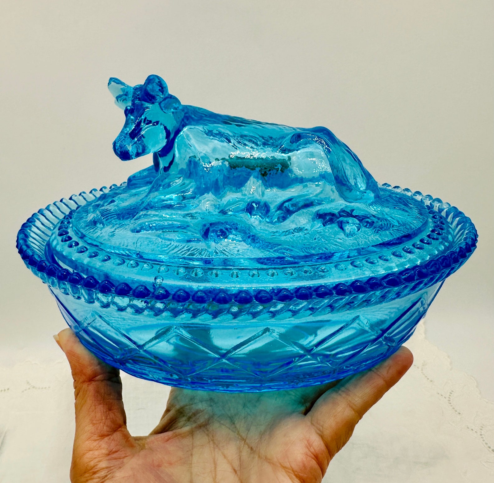 Cow Candy Dish Kemple Glassworks Blue Oval Covered Cow Candy Dish Bull ...