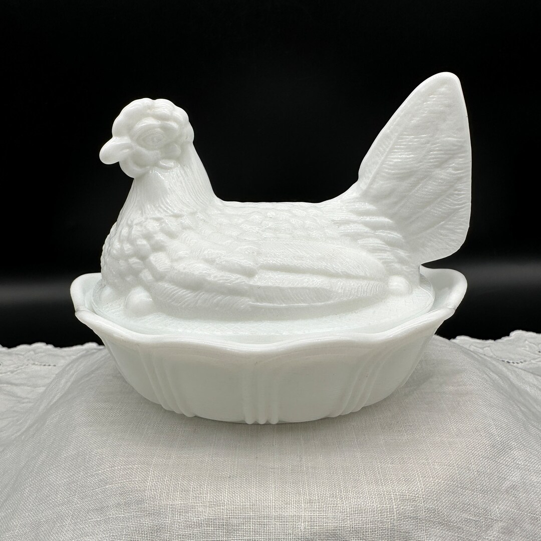 Hen on Nest, Fenton White Milk Glass Hen Candy Dish, Easter Decor ...