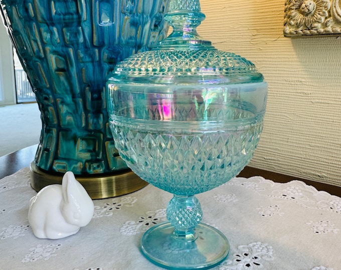 Aqua Glass Candy Bowl With Lid, Fenton Art Glass Blue Topaz Opalescent ...