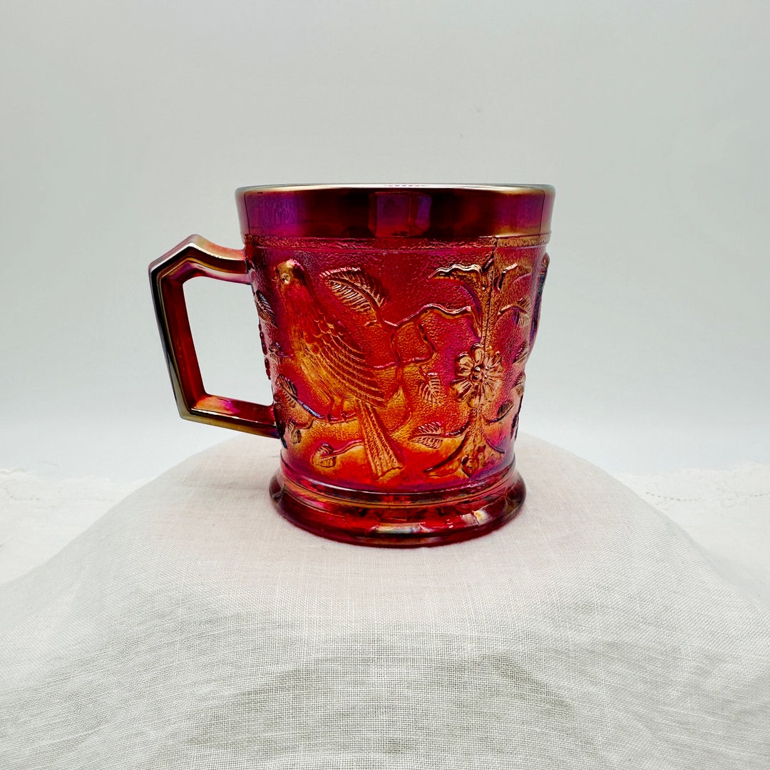 Red Carnival Glass Robin Mug, Imperial Glass Sunset Ruby Iridescent ...