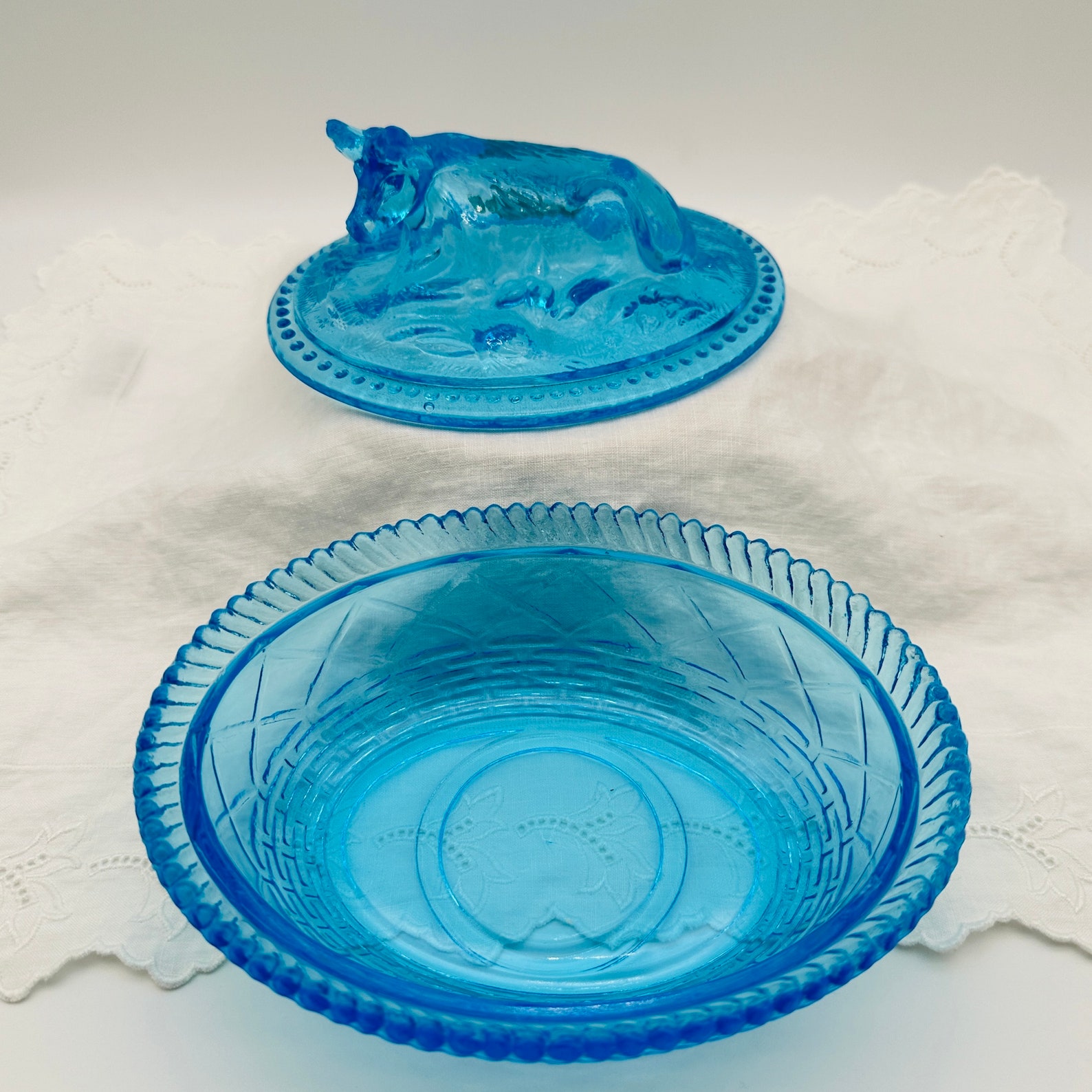 Cow Candy Dish Kemple Glassworks Blue Oval Covered Cow Candy Dish Bull ...