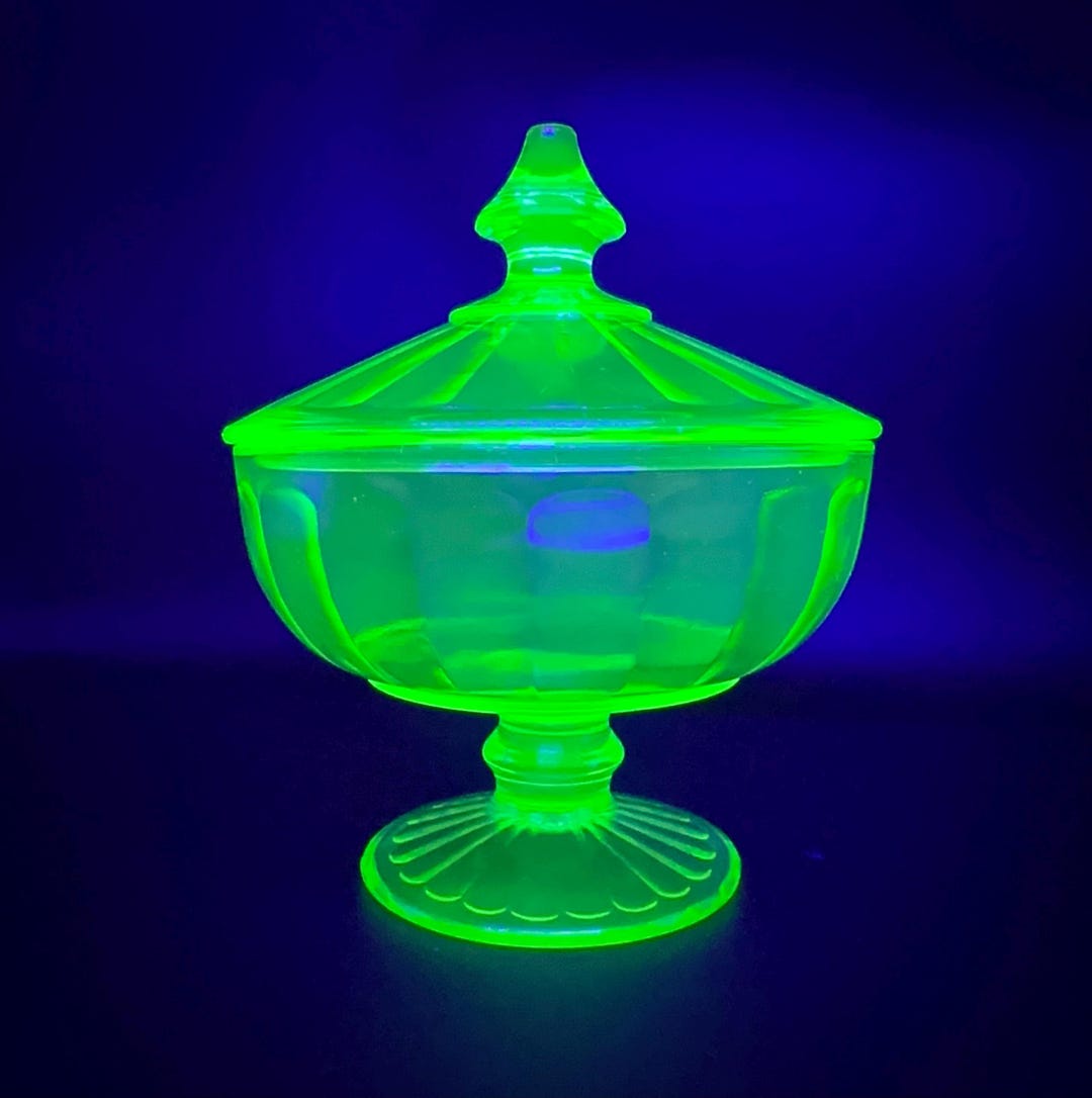 Uranium Glass Candy Dish Vintage Hazel Atlas Ribbon Pattern Green ...